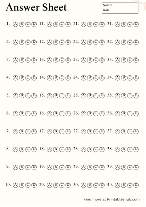 Free Printable Blank Answer Sheet Templates 1 10 1 20 1 30 1 40 1