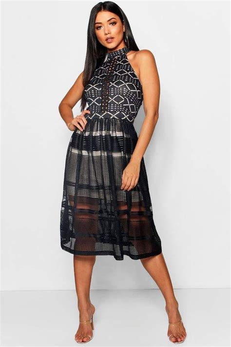 Boohoo Felicity Lace High Neck Midi Skater Dress Midi Skater Dress
