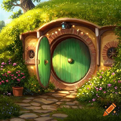Illustration Of A Hobbit Hole With A Round Green Door In A Hillside