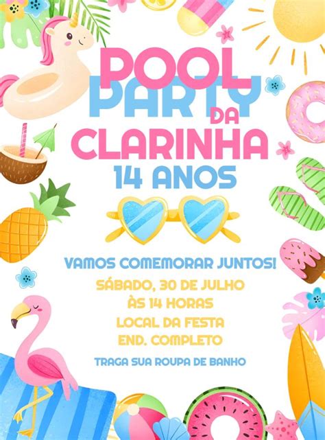 Convite Aniversário Pool Party Tropical Festa De Aniversário Na