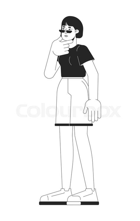 Korean Female Stroking Chin Black And White 2d Line Cartoon Colourbox