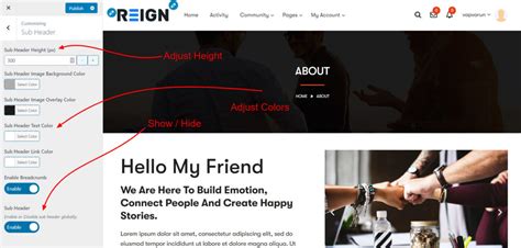 Theme Sub Header Configuration Reign Theme Sub Header Styling
