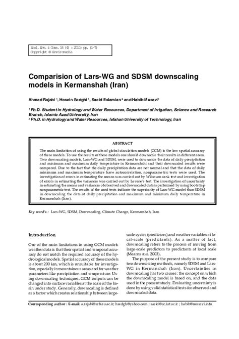 Pdf Comparision Of Lars Wg And Sdsm Downscaling Models In Kermanshah