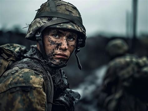 A Soldier In Camouflage With Mud On His Face Premium Ai Generated Image