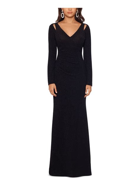 X By Xscape Womens Black Long Sleeve V Neck Full Length Formal Sheath