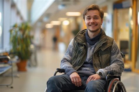 Premium Photo Smiling Young Man In Wheelchair At Work In The Office Free Space Ai Generated