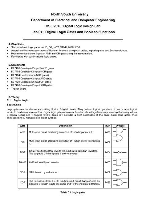 Cse231 Lab Manual 01 Digital Logic Gates And Boolean Functions North South University