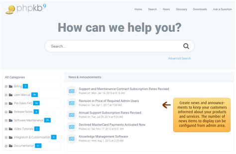 News Knowledge Base Announcements Phpkb Features