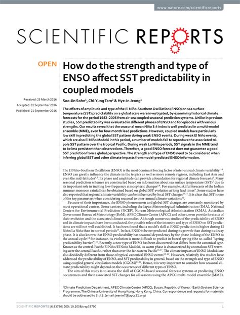 Pdf How Do The Strength And Type Of Enso Affect Sst Predictability In Coupled Models