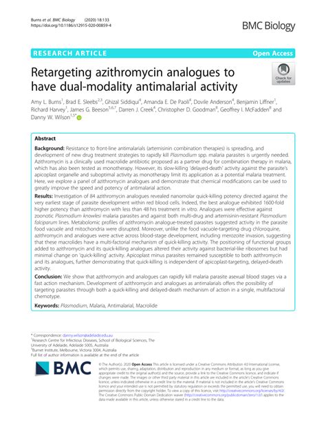 Pdf Retargeting Azithromycin Analogues To Have Dual Modality Antimalarial Activity