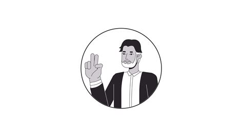Forties Mid Age Man Peace Sign Hand Bw Outline 2d Avatar Animation