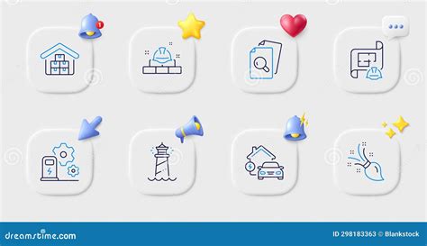 Construction Bricks Lighthouse And Inspect Line Icons For Web App Printing Vector Stock