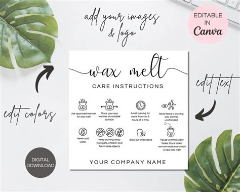 Wax Melt Care Card Template Editable Wax Melt Care Etsy