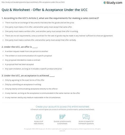 Quiz And Worksheet Offer And Acceptance Under The Ucc