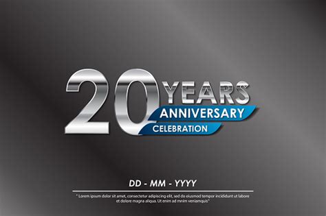 20周年慶典會徽周年優雅銀標誌與藍色絲帶隔離向量插圖範本設計慶祝賀卡和邀請卡向量圖形及更多二十週年紀念圖片 二十週年紀念 週年紀念