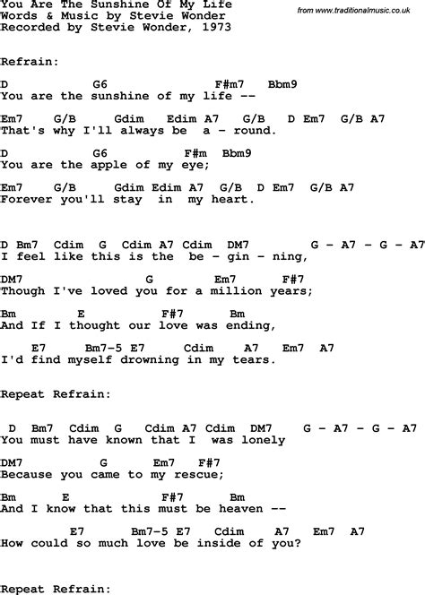 Song Lyrics With Guitar Chords For You Are The Sunshine Of My Life