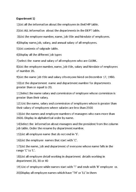 Dbms Database Queries And Tables Experiment 1 1list All The
