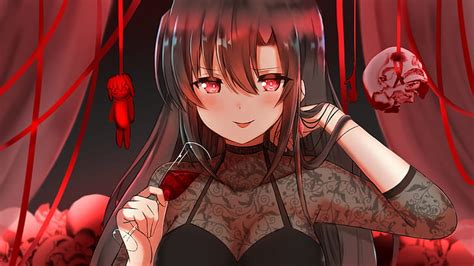 Anime Original Black Hair Long Hair Red Eyes Skull Hd Wallpaper
