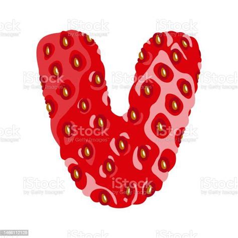 딸기 글꼴입니다 편지 V 딸기 질감의 알파벳 문자 음성에 사용되는 소리 중 하나 이상을 나타내는 문자입니다 장식 과일 글꼴입니다 벡터 그림입니다 0명에 대한 스톡 벡터 아트