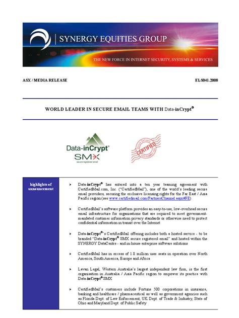 World Leader In Secure Email Teams With Data Incrypt Asx Media