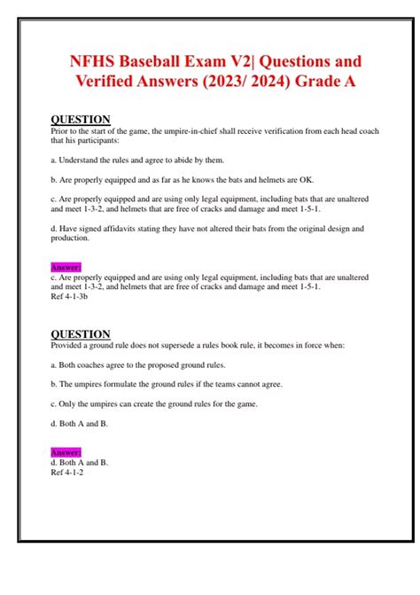 NFHS Baseball Exam V Questions And Verified Answers Grade A NFHS Baseball