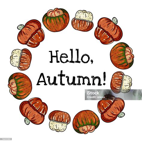귀여운 화려한 터번 호박 안녕하세요 가을 장식 화환 배너 가을 수확 인사말 엽서 10월에 대한 스톡 벡터 아트 및 기타 이미지 10월 11월 9월 Istock