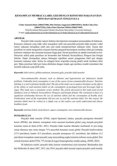 Pdf Kemampuan Membaca Label Gizi Dengan Konsumsi Makanan Dan Minuman