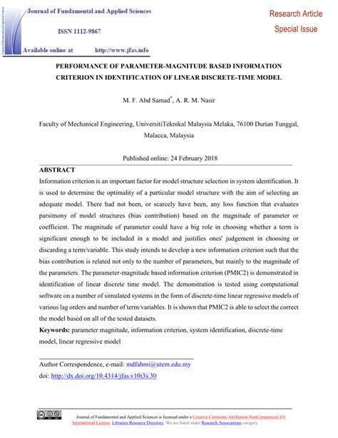 Pdf Performance Of Parameter Magnitude Based Information Criterion In Identification Of Linear