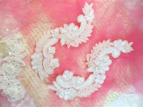 Ivory White Bridal Appliques Mirror Pair Sequins Beaded Motifs