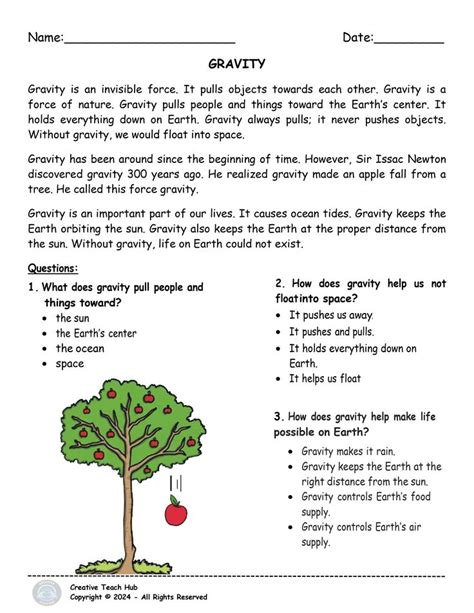 Reading Comprehension Passage Gravity Reading Comprehension Passages