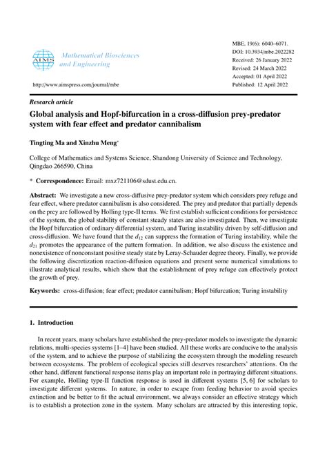 Pdf Global Analysis And Hopf Bifurcation In A Cross Diffusion Prey Predator System With Fear