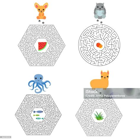 교육 미로 또는 미 궁 Fennec와 수 박 고슴도치와 애플 라마와 잔디 문 어와 물고기 물고기와 조류와 어린이 위한 게임