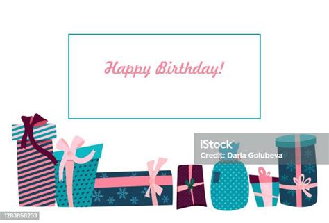 프레임에 텍스트와 생일 엽서 선물 상자 축제 포장지에 복잡한 다른 형태 크기 휴일은 리본과 활선물 핑크 청록색의 래그 백 과 포장 계절에 대한 스톡 벡터 아트 및 기타