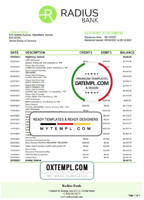Usa Massachusetts Radius Bank Statement Easy To Fill Template In Excel