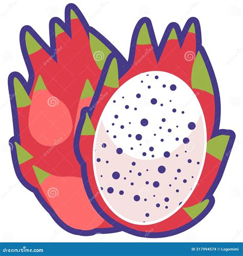 Cartoon White Dragon Fruit Vector Illustration Whole And Half Slice