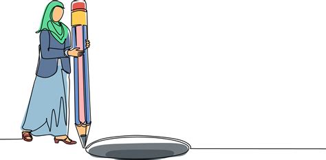 Single One Line Drawing Arabian Businesswoman Making Circle Of Holes With Large Pencil Business