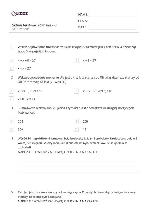 Ponad 50 Zadania Tekstowe Z Matematyki Arkuszy Roboczych Dla Klasa 7