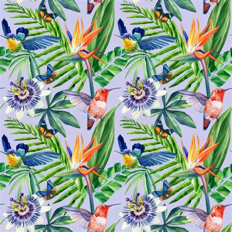 Watercolor Seamless Pattern Tropical Leaves Hummingbird And Flowers