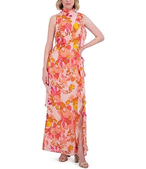 Eliza J Chiffon Floral Print Halter Neck Sleeveless Ruffle Sheath Maxi