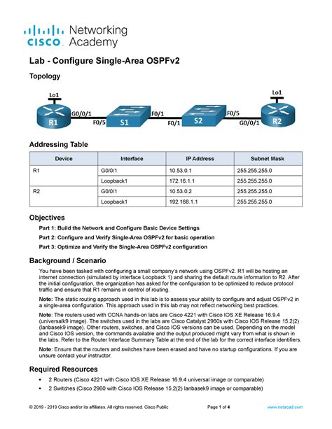 Lab Configure Single Area OSPFv Topology Addressing Table Device Interface IP