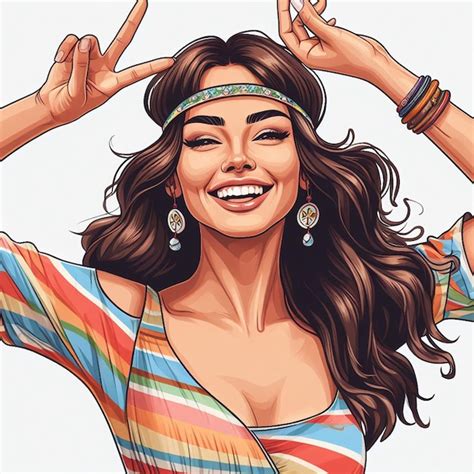 Premium Vector Smiling Dancing Beauty Woman Face Hippie Woman Peace