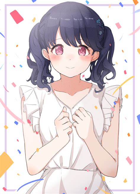 Safebooru 1girl Blue Hair Blush Clenched Hands Collarbone Confetti