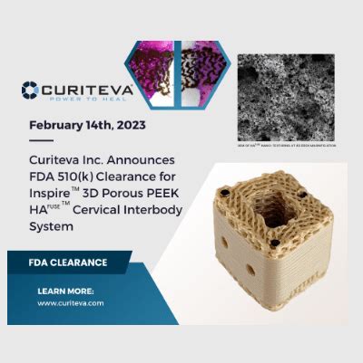 Curiteva Inc Announces FDA 510 K Clearance For Inspire TM 3D Porous
