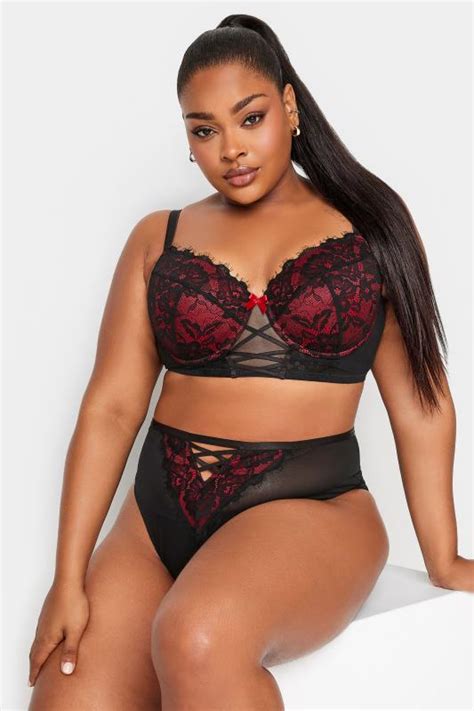 Yours Plus Size Black And Red Lace Strap Detail Padded Longline Bra Yours Clothing