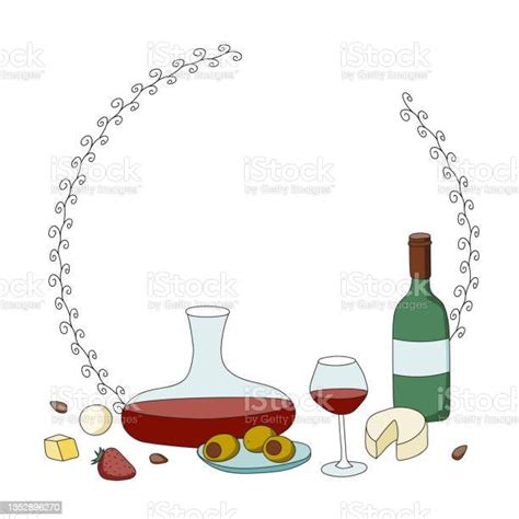 낙서 만화 힙스터 스타일 컬러 벡터 타원형 링 프레임 일러스트 다양한 와인 잔 디켄터 병 및 전채가있는 정물 바 레스토랑 메뉴 광고 포스터 카드 또는 스티커 구다 치즈에