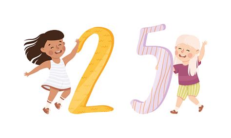 2와 5 개의 숫자를 가진 귀여운 행복한 아이들 생일 나이 파티 장식 교육 자료 만화 벡터 일러스트 레이 션 교육에 대한 스톡 벡터 아트 및 기타 이미지 Istock
