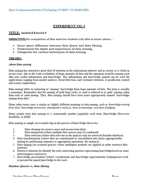 Data Warehouse And Data Mining Lab Manual Pdf Statistical