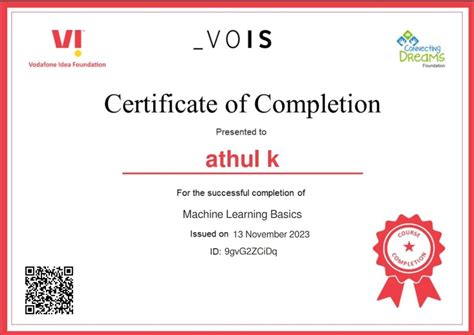 Athul K On Linkedin Certified In Machine Learning By Vodafone Idea Limited