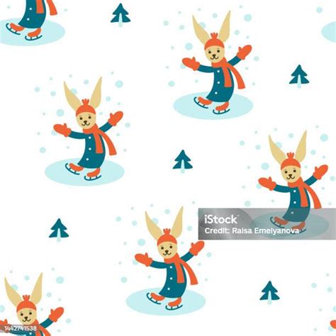 링크에 토끼 쾌활한 토끼가 숲과 강설로 둘러싸인 스케이트를 타고 있습니다 흰색 배경에 매끄러운 벡터 패턴입니다 Rehearsal에 대한 스톡 벡터 아트 및 기타 이미지