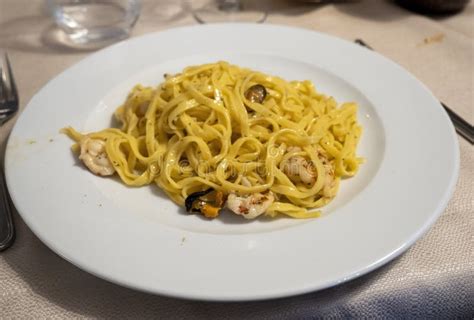 Hand Made Italian Pasta Called Tagliolini With Muscles And Shrimpss